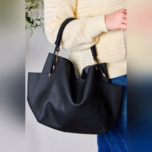 Bags | Shomico Designer Black Faux Leather Braided Handle Handbag With ...